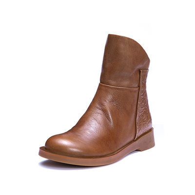 S085 New style short boots female first layer cowhide retro embossed handmade fashion casual flat-heeled women's boots