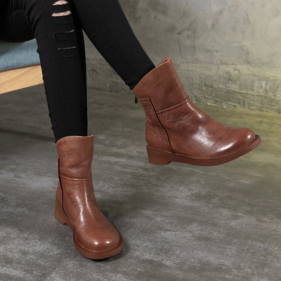 S085 New style short boots female first layer cowhide retro embossed handmade fashion casual flat-heeled women's boots