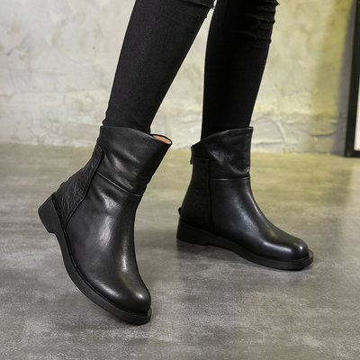 S085 New style short boots female first layer cowhide retro embossed handmade fashion casual flat-heeled women's boots