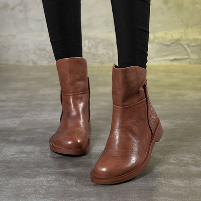 S085 New style short boots female first layer cowhide retro embossed handmade fashion casual flat-heeled women's boots