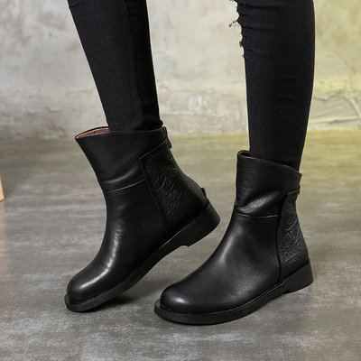 S085 New style short boots female first layer cowhide retro embossed handmade fashion casual flat-heeled women's boots