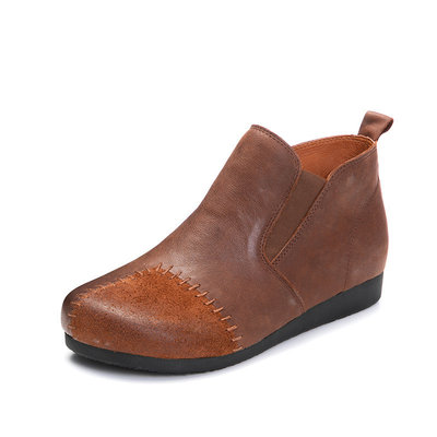 S086 New women's shoes retro handmade leather stitching fashion elastic flat ankle boots women