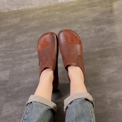 S086 New women's shoes retro handmade leather stitching fashion elastic flat ankle boots women