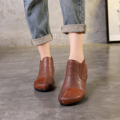 S086 New women's shoes retro handmade leather stitching fashion elastic flat ankle boots women