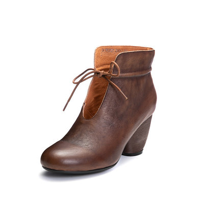 S091 Autumn new high-heeled women's single shoes, retro lace-up leather fashion, thick-heeled four-season small leather