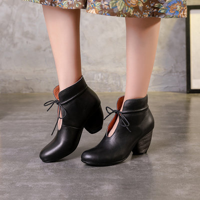 S091 Autumn new high-heeled women's single shoes, retro lace-up leather fashion, thick-heeled four-season small leather