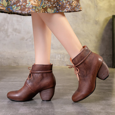 S091 Autumn new high-heeled women's single shoes, retro lace-up leather fashion, thick-heeled four-season small leather