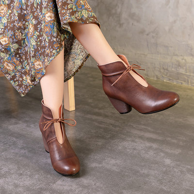 S091 Autumn new high-heeled women's single shoes, retro lace-up leather fashion, thick-heeled four-season small leather