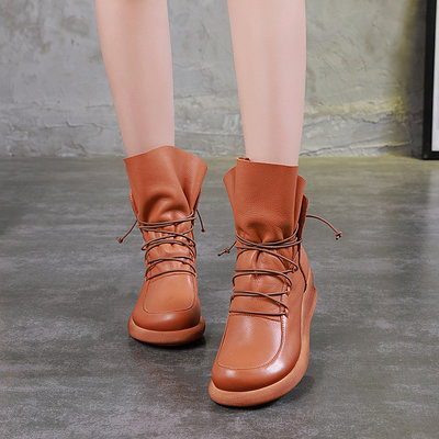 S093 New women's shoes retro leather elastic lace-up fashion short boots thick-soled wedges women's boots