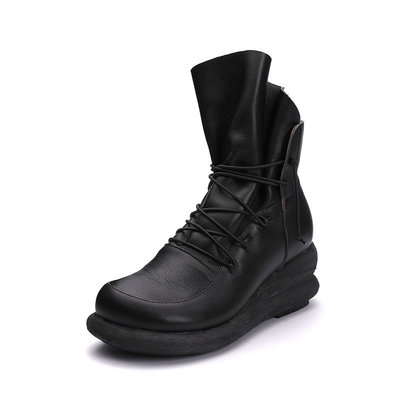 S093 New women's shoes retro leather elastic lace-up fashion short boots thick-soled wedges women's boots