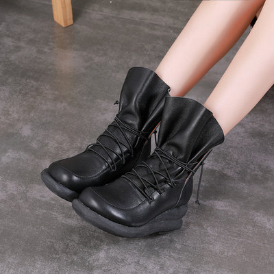 S093 New women's shoes retro leather elastic lace-up fashion short boots thick-soled wedges women's boots
