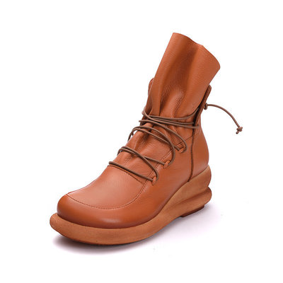 S093 New women's shoes retro leather elastic lace-up fashion short boots thick-soled wedges women's boots