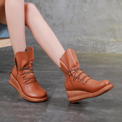 S093 New women's shoes retro leather elastic lace-up fashion short boots thick-soled wedges women's boots