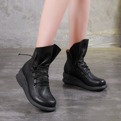 S093 New women's shoes retro leather elastic lace-up fashion short boots thick-soled wedges women's boots