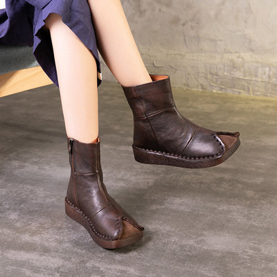 S096 Leather retro folk style breathable soft handmade women's shoes 2018 autumn and winter personality short leather bo