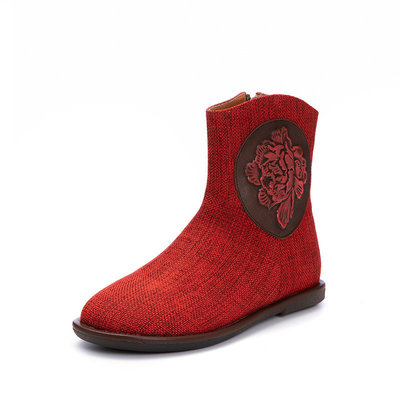 S098 Autumn and winter hot fashion boots women retro linen women's shoes leather embossed embossed flat bottom women's s