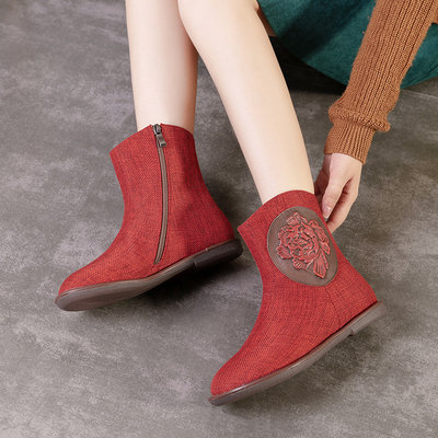 S098 Autumn and winter hot fashion boots women retro linen women's shoes leather embossed embossed flat bottom women's s