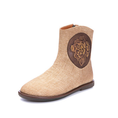 S098 Autumn and winter hot fashion boots women retro linen women's shoes leather embossed embossed flat bottom women's s