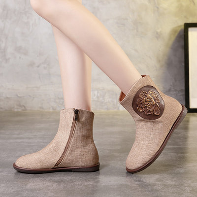 S098 Autumn and winter hot fashion boots women retro linen women's shoes leather embossed embossed flat bottom women's s