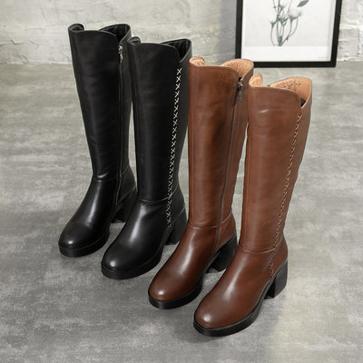 S100 New velvet high tube thick warm women's boots mid-heel women's leather boots leather handmade shoes