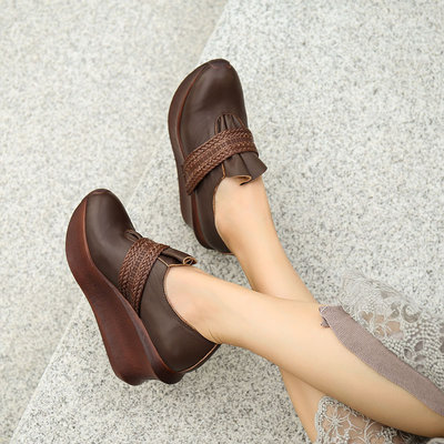 S106 Women's shoes autumn 2020 new hand-woven leather women's shoes convenient velcro thick-soled increased women's shoe