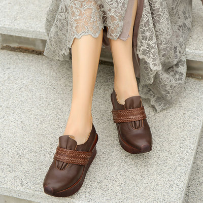 S106 Women's shoes autumn 2020 new hand-woven leather women's shoes convenient velcro thick-soled increased women's shoe
