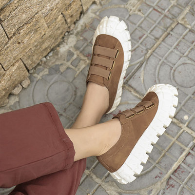 S114 Women's Shoes Autumn 2020 New Leather Women's Shoes Convenient Velcro Platform Shoes Trifle Women's Shoes