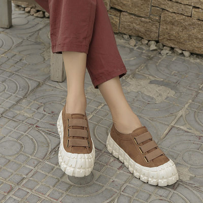 S114 Women's Shoes Autumn 2020 New Leather Women's Shoes Convenient Velcro Platform Shoes Trifle Women's Shoes