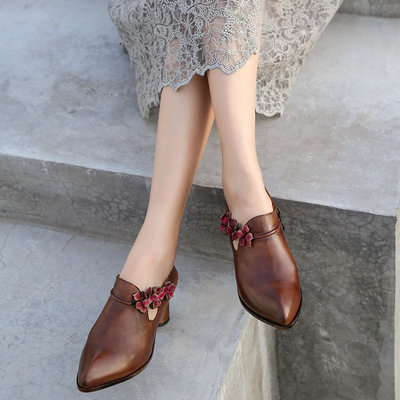 S119 2020 new leather women's shoes Huizu beauty fashion temperament high heels pointed flowers convenient side zipper