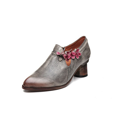 S119 2020 new leather women's shoes Huizu beauty fashion temperament high heels pointed flowers convenient side zipper