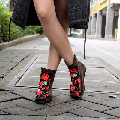 S120 Leather breathable thick fleece handmade women's shoes autumn and winter flower embroidery ethnic short boots whole