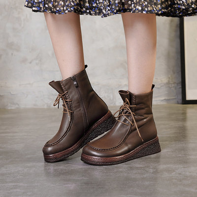 S121 Winter leather handmade original design warm non-slip women's shoes, comfortable and thick woolen lace-up women's