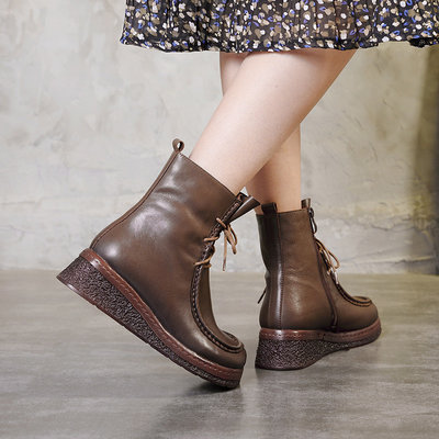 S121 Winter leather handmade original design warm non-slip women's shoes, comfortable and thick woolen lace-up women's