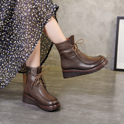S121 Winter leather handmade original design warm non-slip women's shoes, comfortable and thick woolen lace-up women's