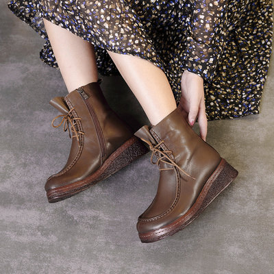 S121 Winter leather handmade original design warm non-slip women's shoes, comfortable and thick woolen lace-up women's