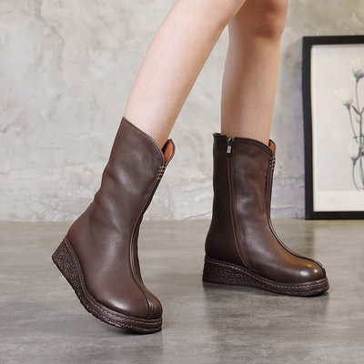 S122 Autumn and winter new mid-tube round toe thick-soled women's boots, thick leather and velvet warm and cold-proof