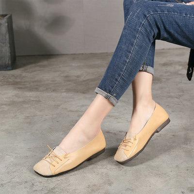 S123 Spring, autumn and summer new style square toe lace-up frosted leather single shoes retro ethnic flat women's shoes