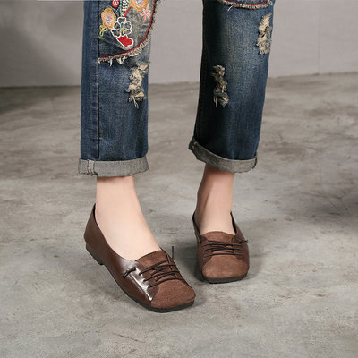 S123 Spring, autumn and summer new style square toe lace-up frosted leather single shoes retro ethnic flat women's shoes