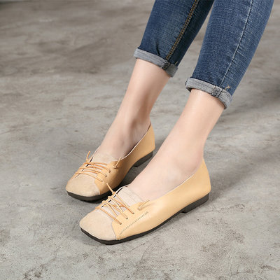 S123 Spring, autumn and summer new style square toe lace-up frosted leather single shoes retro ethnic flat women's shoes