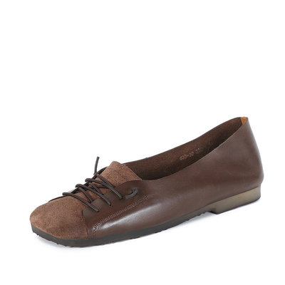S123 Spring, autumn and summer new style square toe lace-up frosted leather single shoes retro ethnic flat women's shoes