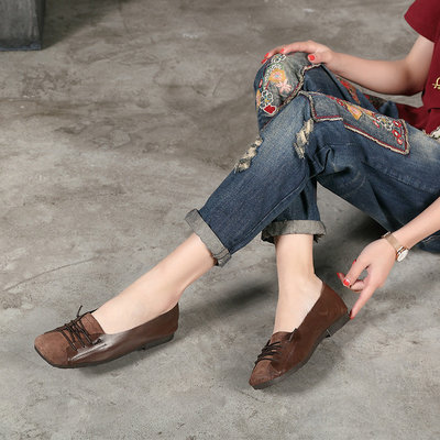 S123 Spring, autumn and summer new style square toe lace-up frosted leather single shoes retro ethnic flat women's shoes