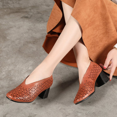S127 Square-toe ethnic style totem hollow high-heeled women's shoes, increased non-slip breathable leather fashion singl