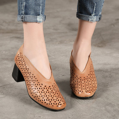 S127 Square-toe ethnic style totem hollow high-heeled women's shoes, increased non-slip breathable leather fashion singl
