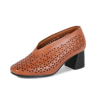 S127 Square-toe ethnic style totem hollow high-heeled women's shoes, increased non-slip breathable leather fashion singl