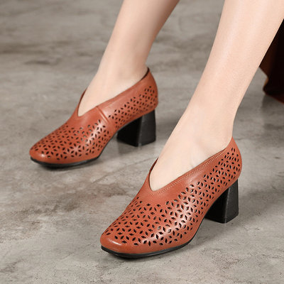 S127 Square-toe ethnic style totem hollow high-heeled women's shoes, increased non-slip breathable leather fashion singl