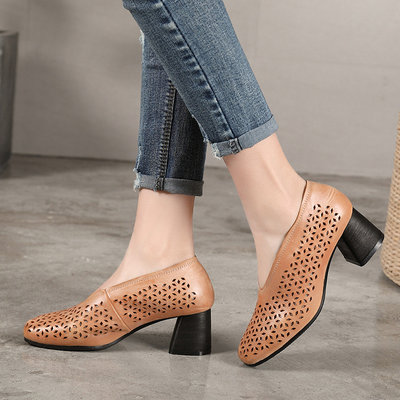 S127 Square-toe ethnic style totem hollow high-heeled women's shoes, increased non-slip breathable leather fashion singl
