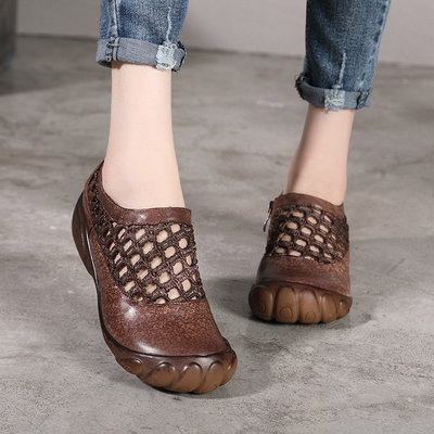 S128 Ethnic style mesh hollow breathable leather shoes 2020 new literary retro flat bottom casual women's shoes manufact