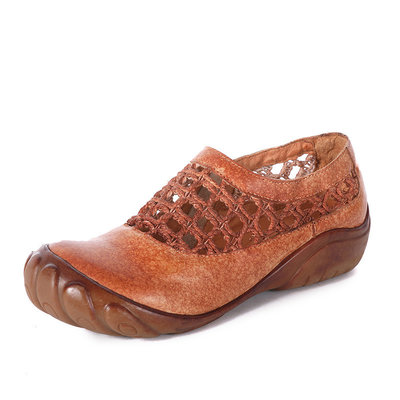 S128 Ethnic style mesh hollow breathable leather shoes 2020 new literary retro flat bottom casual women's shoes manufact