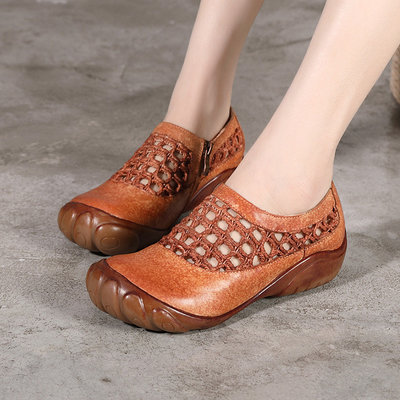 S128 Ethnic style mesh hollow breathable leather shoes 2020 new literary retro flat bottom casual women's shoes manufact