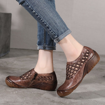 S128 Ethnic style mesh hollow breathable leather shoes 2020 new literary retro flat bottom casual women's shoes manufact